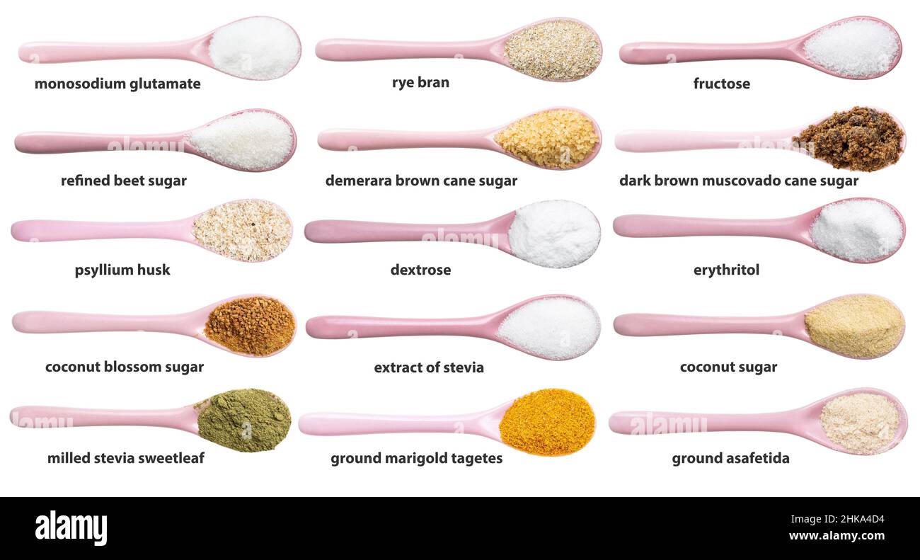 set of ceramic spoons with various cooking enhancers with names ...