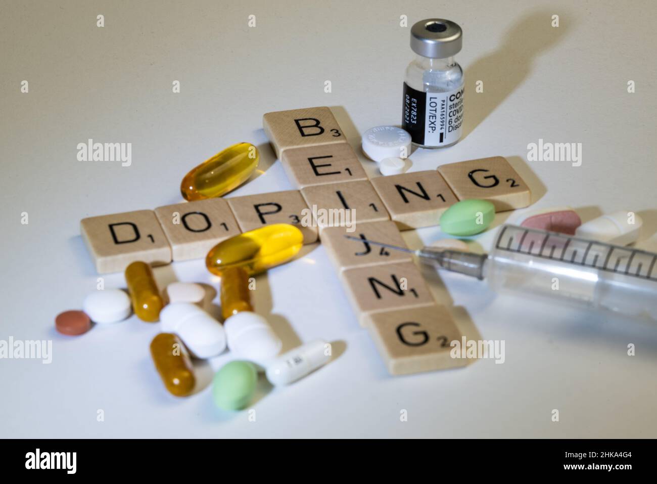 Den Helder, the Netherlands. January 2022. Concept of doping. Pills and syringes. High quality ...