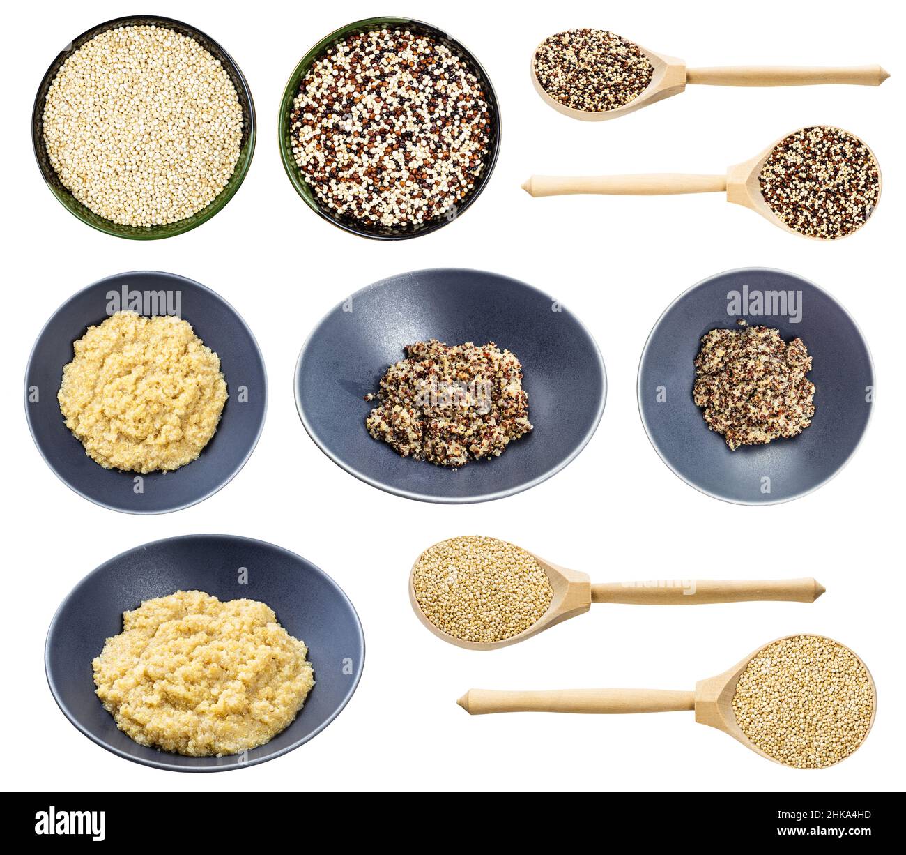 set of various boiled and raw quinoa grains isolated on white ...