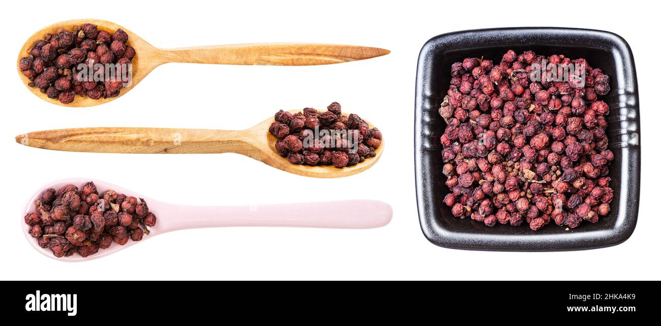 set of various schisandra chinensis fruits isolated on white background ...