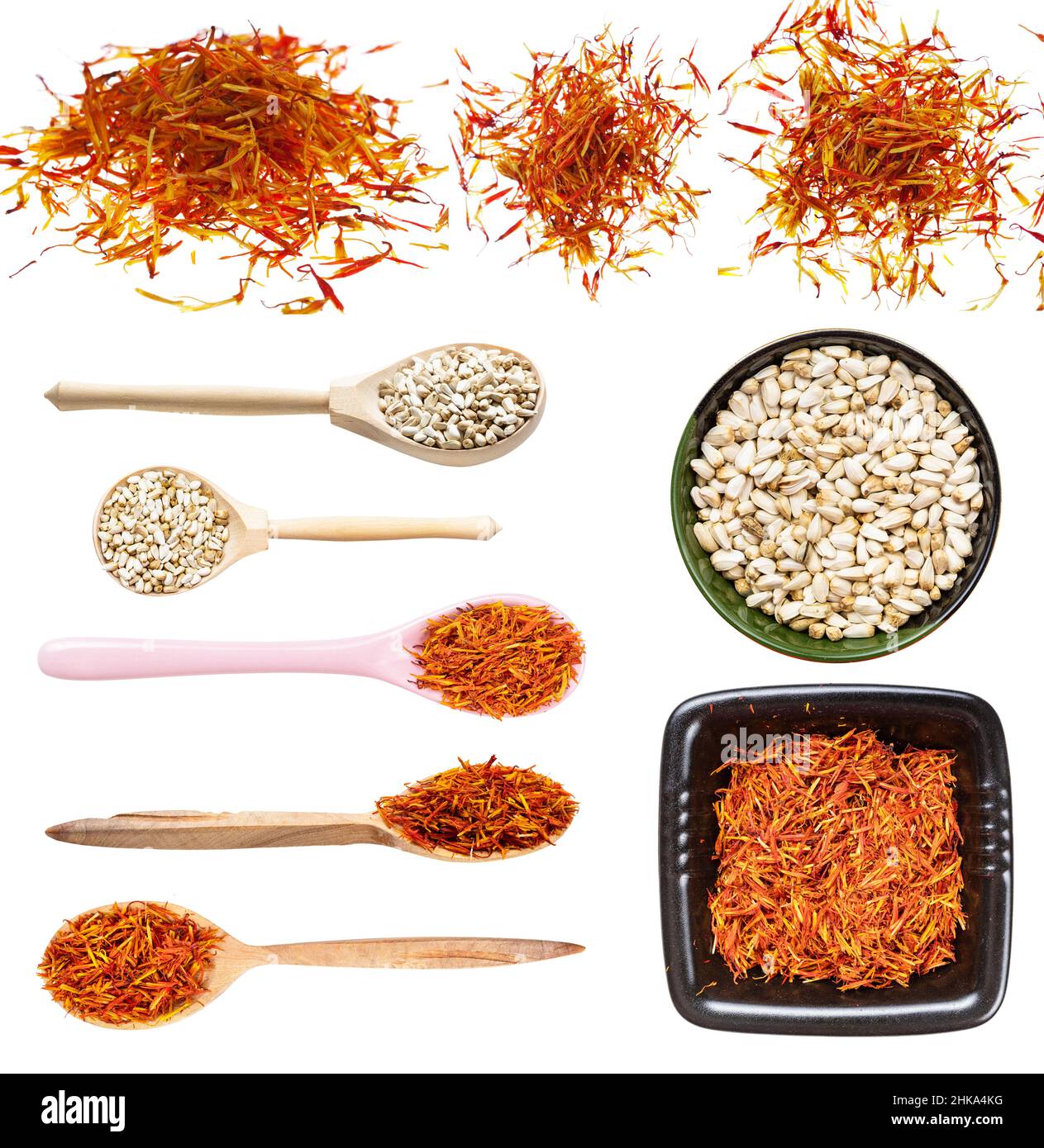set of various safflower seeds and flowers isolated on white background ...