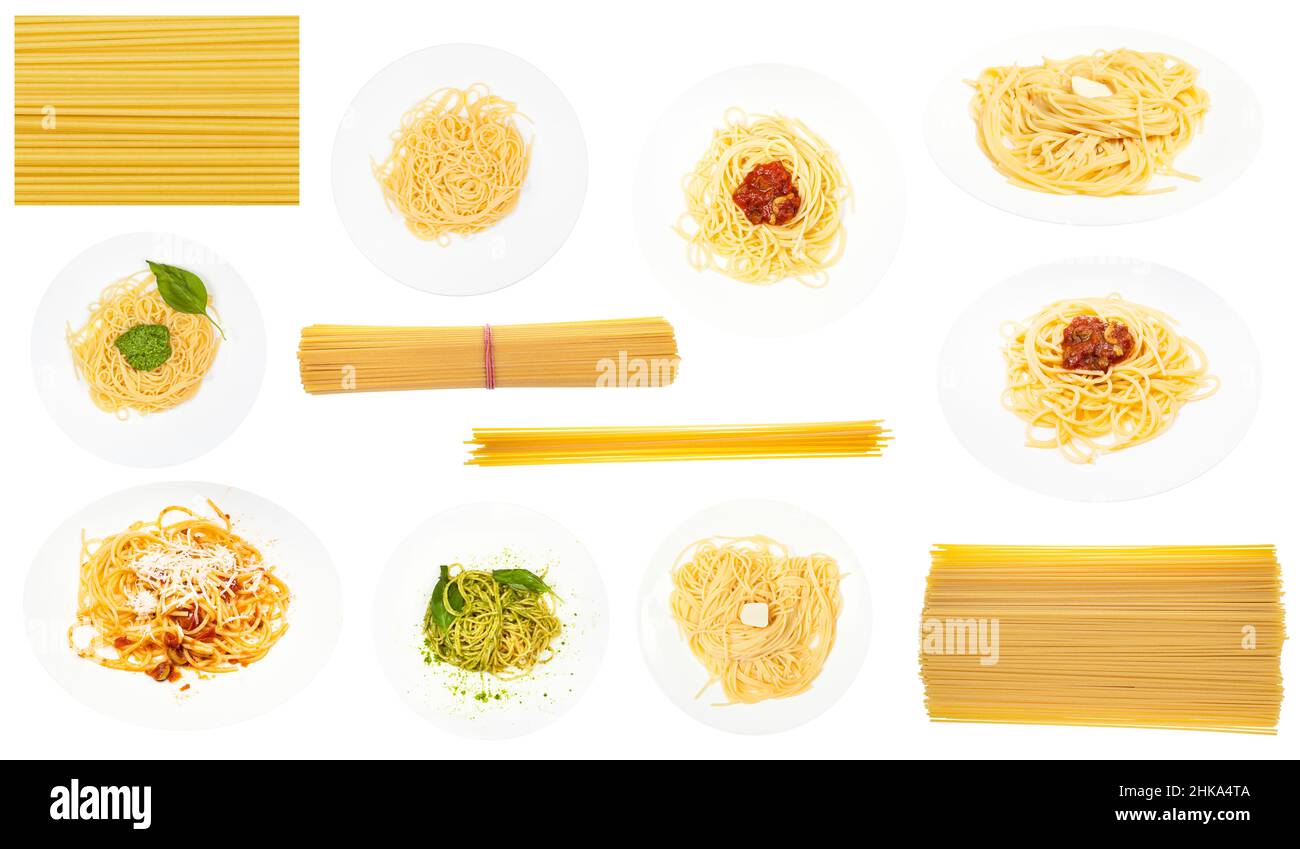 set of various boiled and dry spaghetti isolated on white background ...