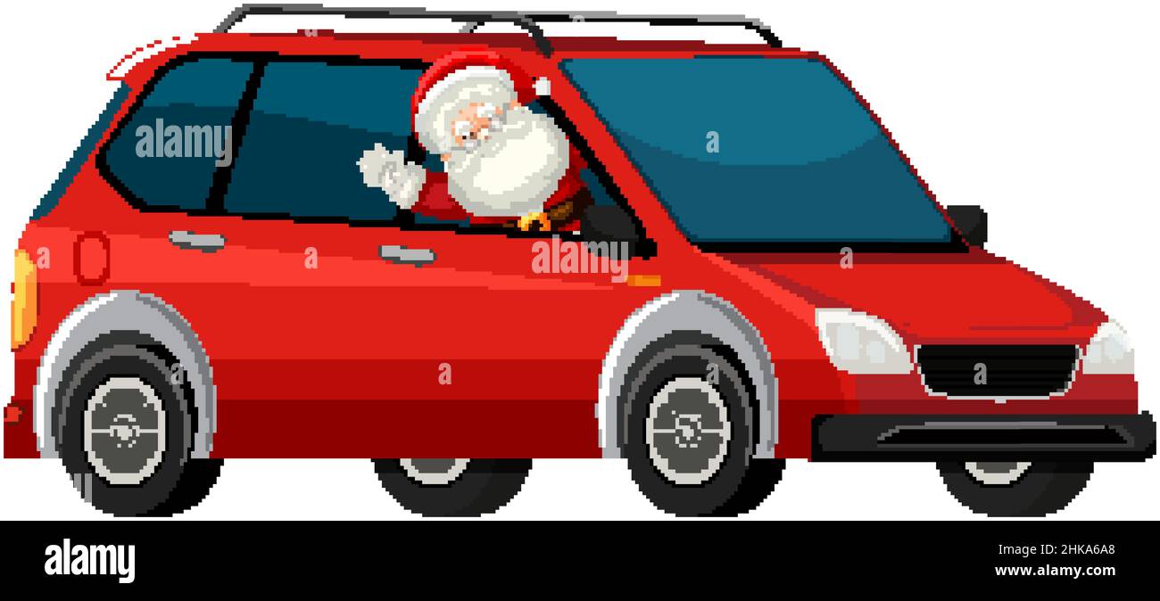 Santa Claus driving red car in cartoon style illustration Stock Vector ...