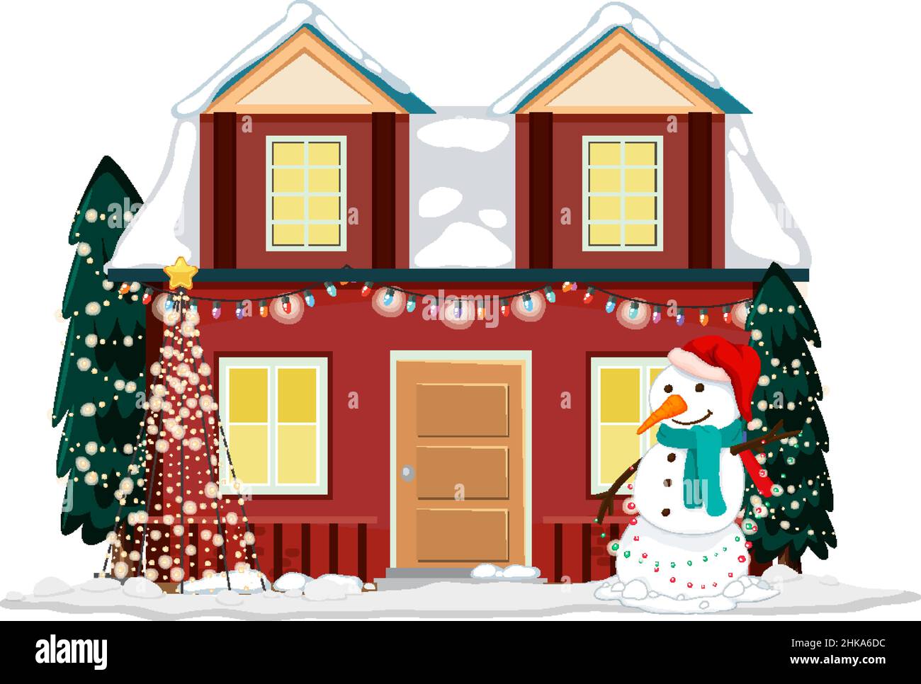 Snow covered house with Christmas light string and snowman illustration ...