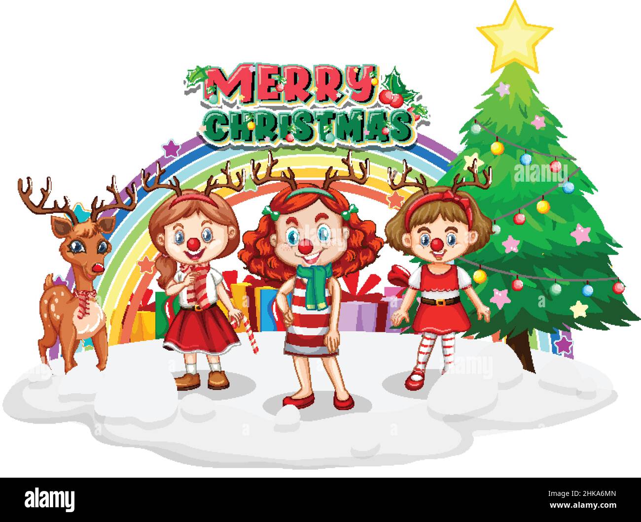 Children in Christmas costumes with pine tree and reindeer illustration ...