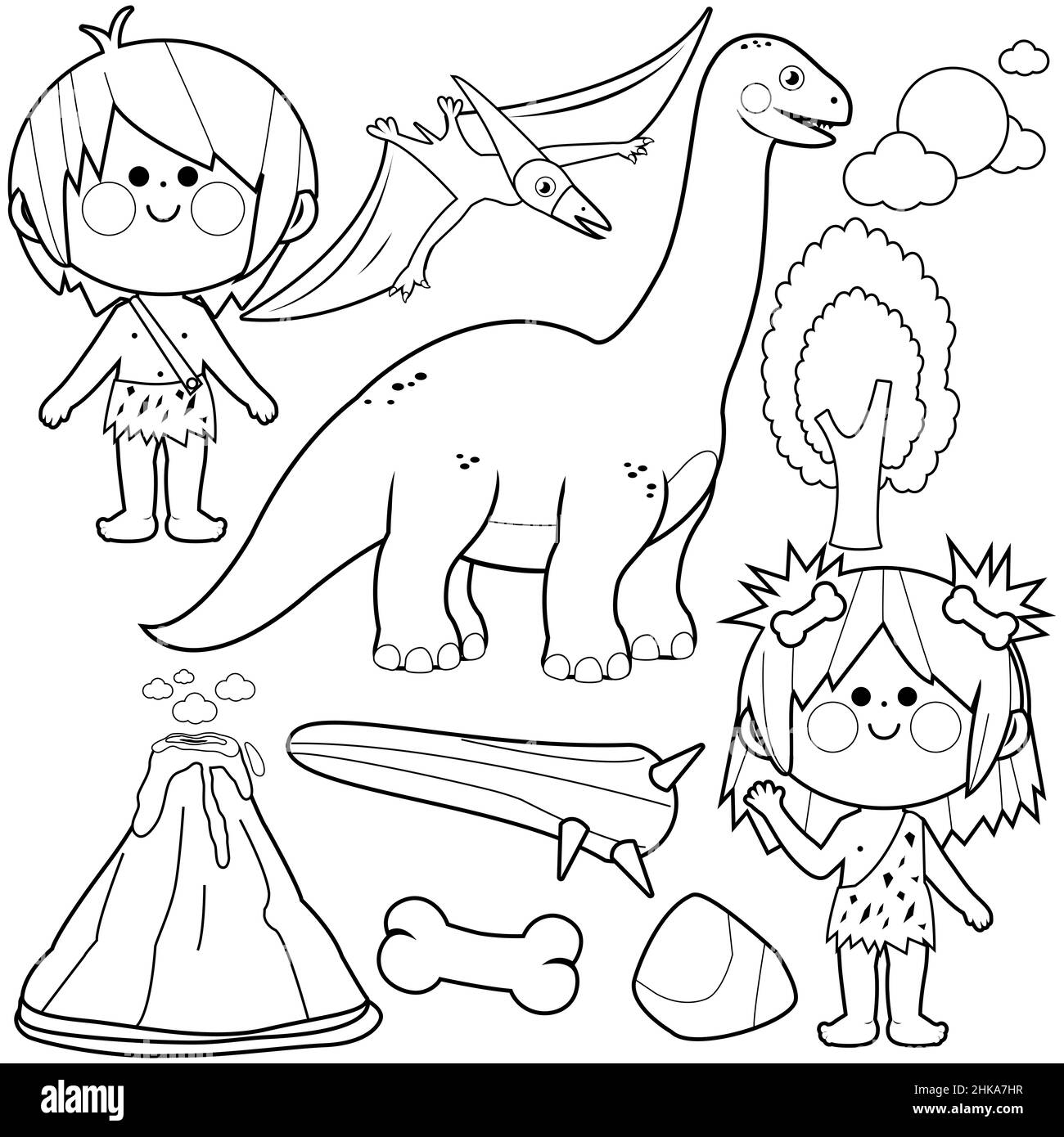 Prehistoric children cavemen and dinosaur set. Black and white coloring ...