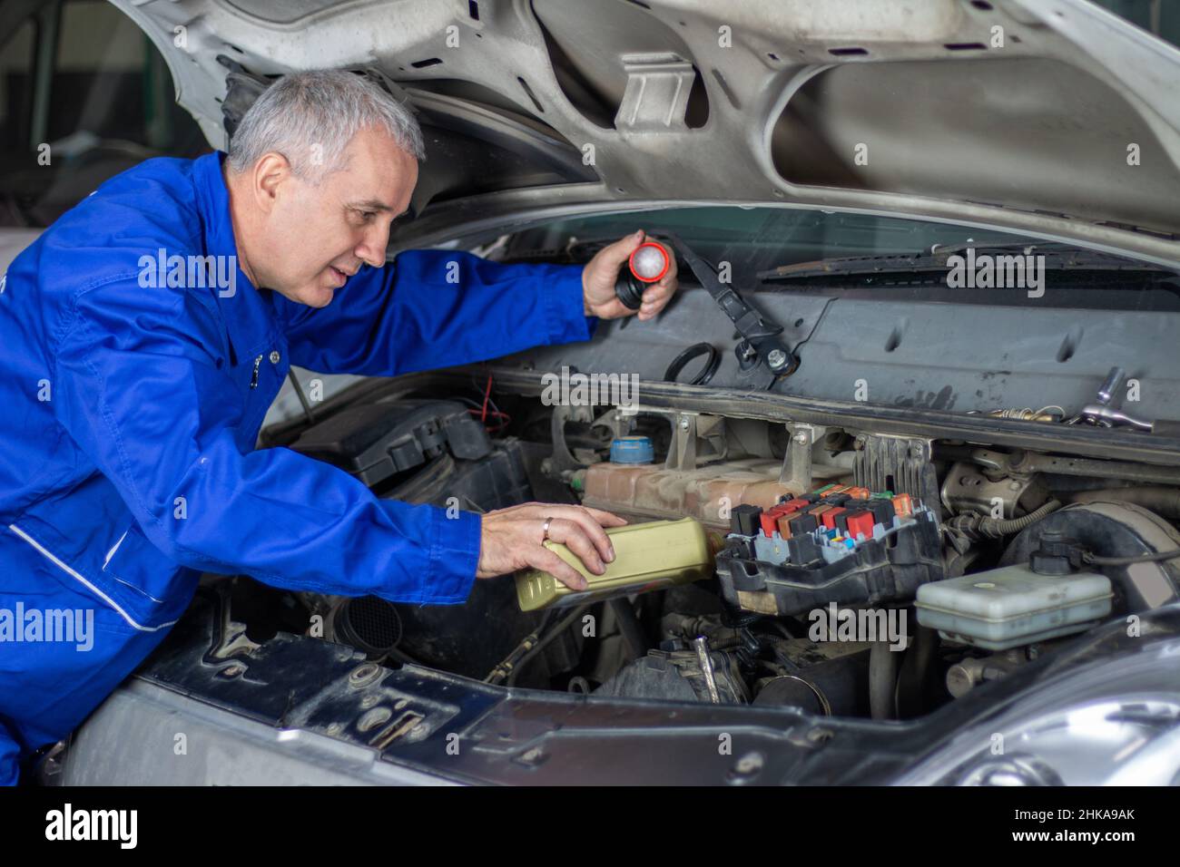 An experienced car mechanic changing oil on a car and pouring a motor ...