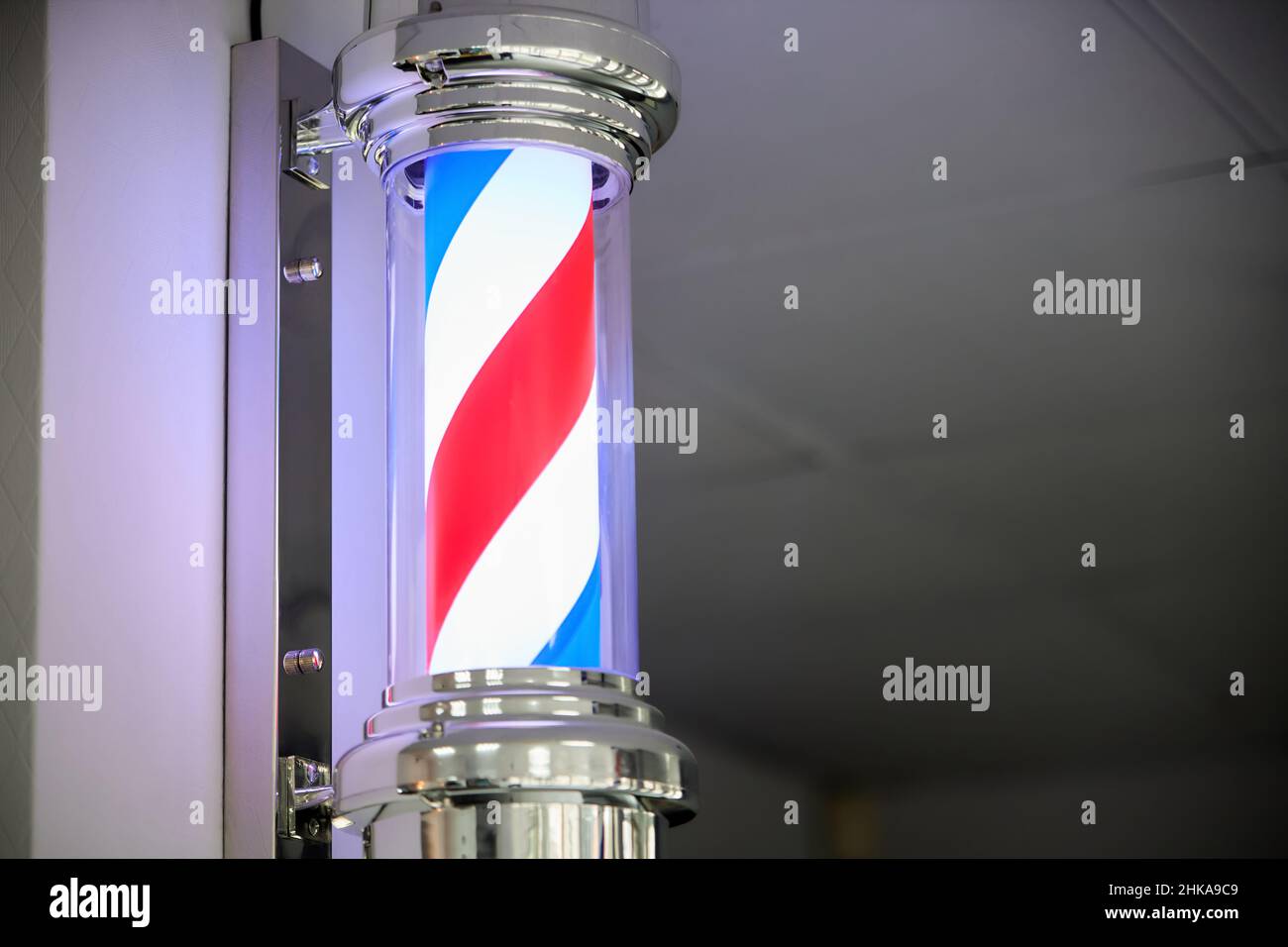 Barber's Pole inside of a Barber Shop. Close-up, selective focus Stock ...