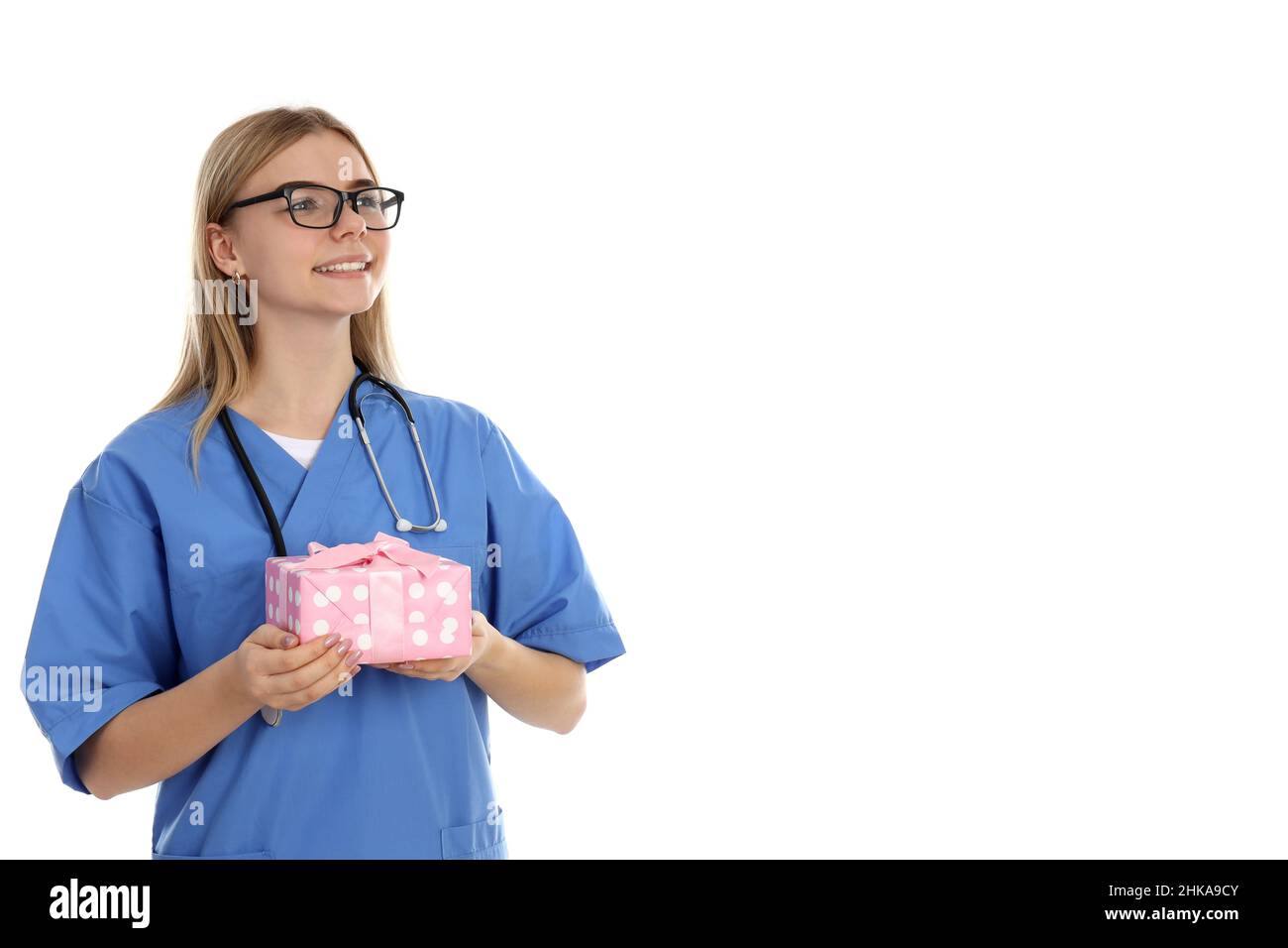Nurse with gift box isolated on white background Stock Photo - Alamy