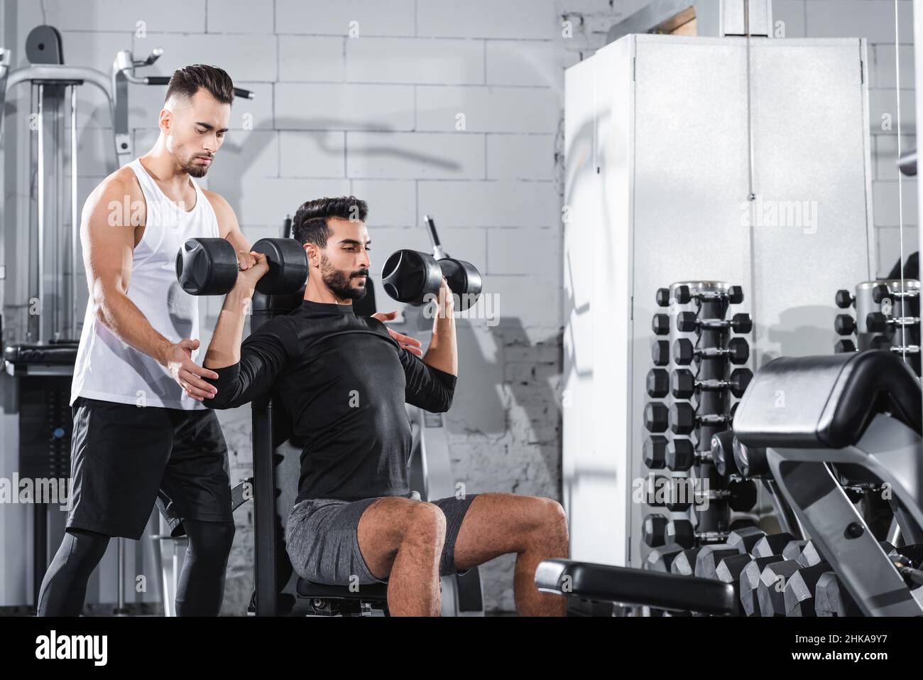 Trainer helping arabian sportsman with dumbbells in sports center Stock ...