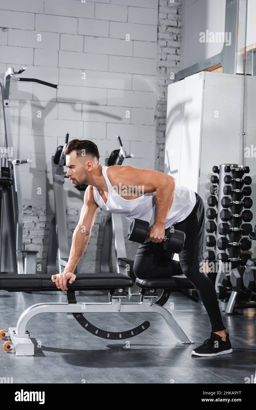 Side view of athletic sportsman training with dumbbell on flat bench in ...