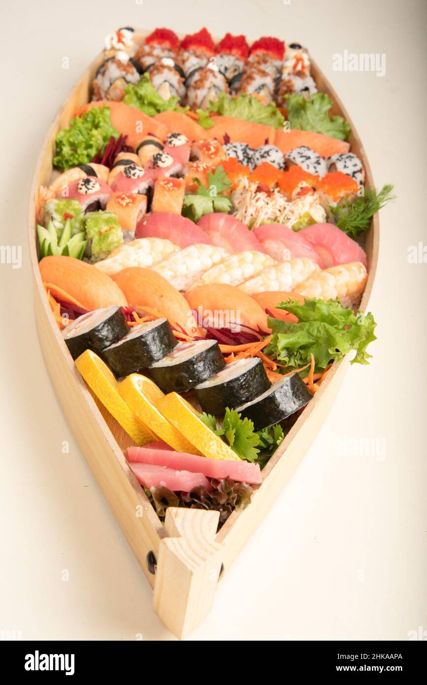 Sushi boat at sushi bar presentation Stock Photo - Alamy