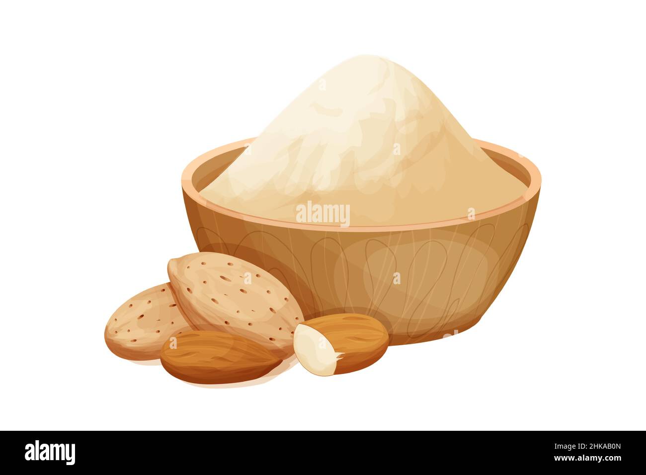 Almond powder, flour in wooden bowl with almond nuts in nutshell in ...