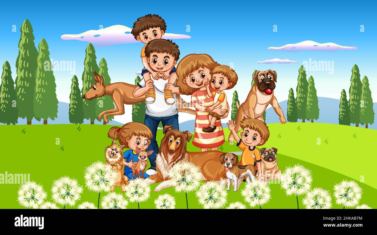 Outdoor scene with happy family and dogs illustration Stock Vector ...