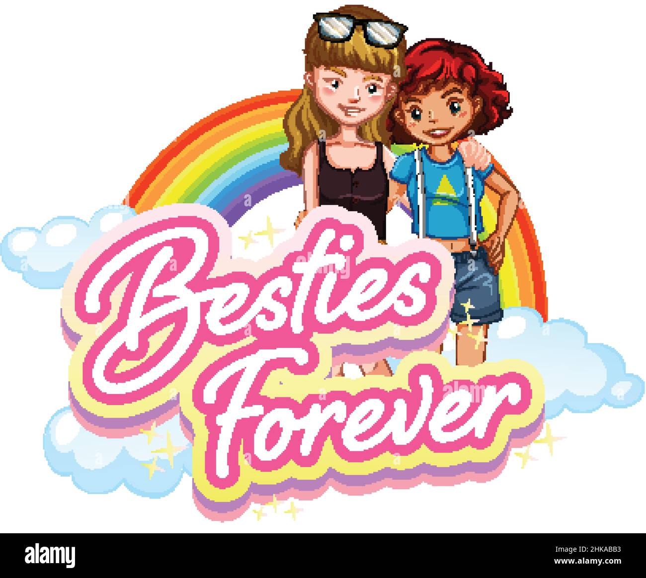 Bestie forever logo with two girls cartoon character illustration Stock ...