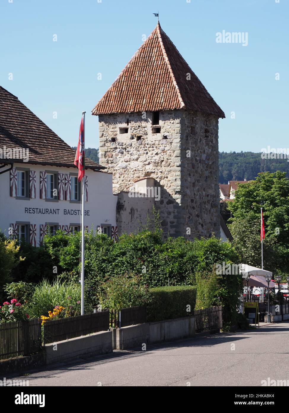 Medieval stony tower in european STEIN am RHEIN town at Schaffhausen in ...