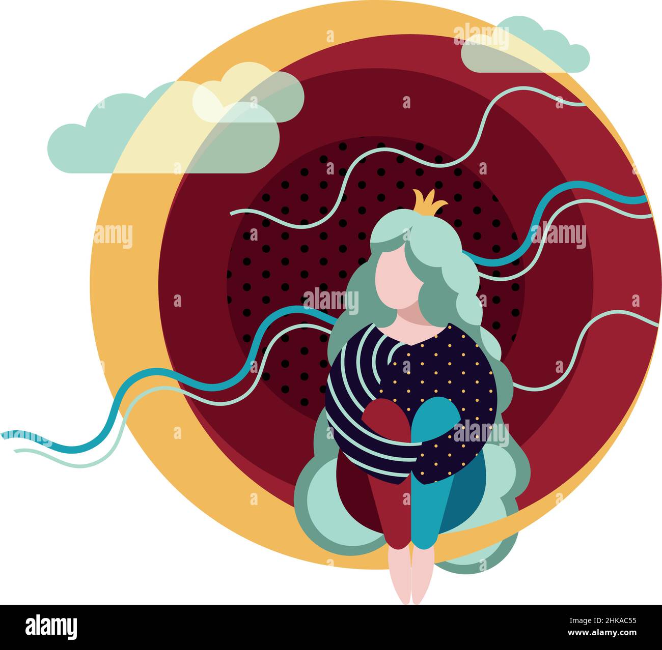 Illustration of a long-haired princess who sits on the moon hugging her ...