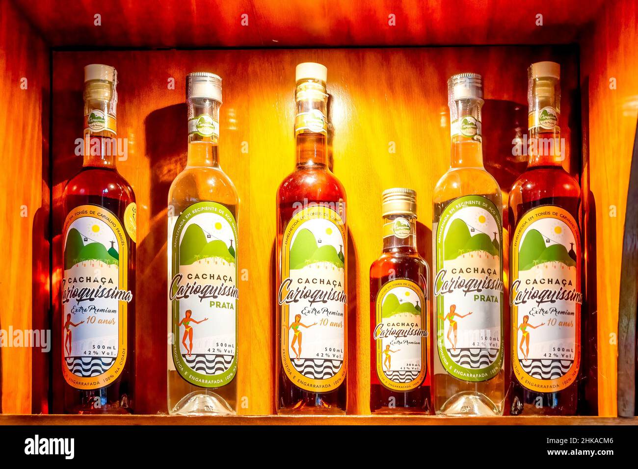 Cachaca bottles in shelf at the souvenir store or gift shop in Quinta ...