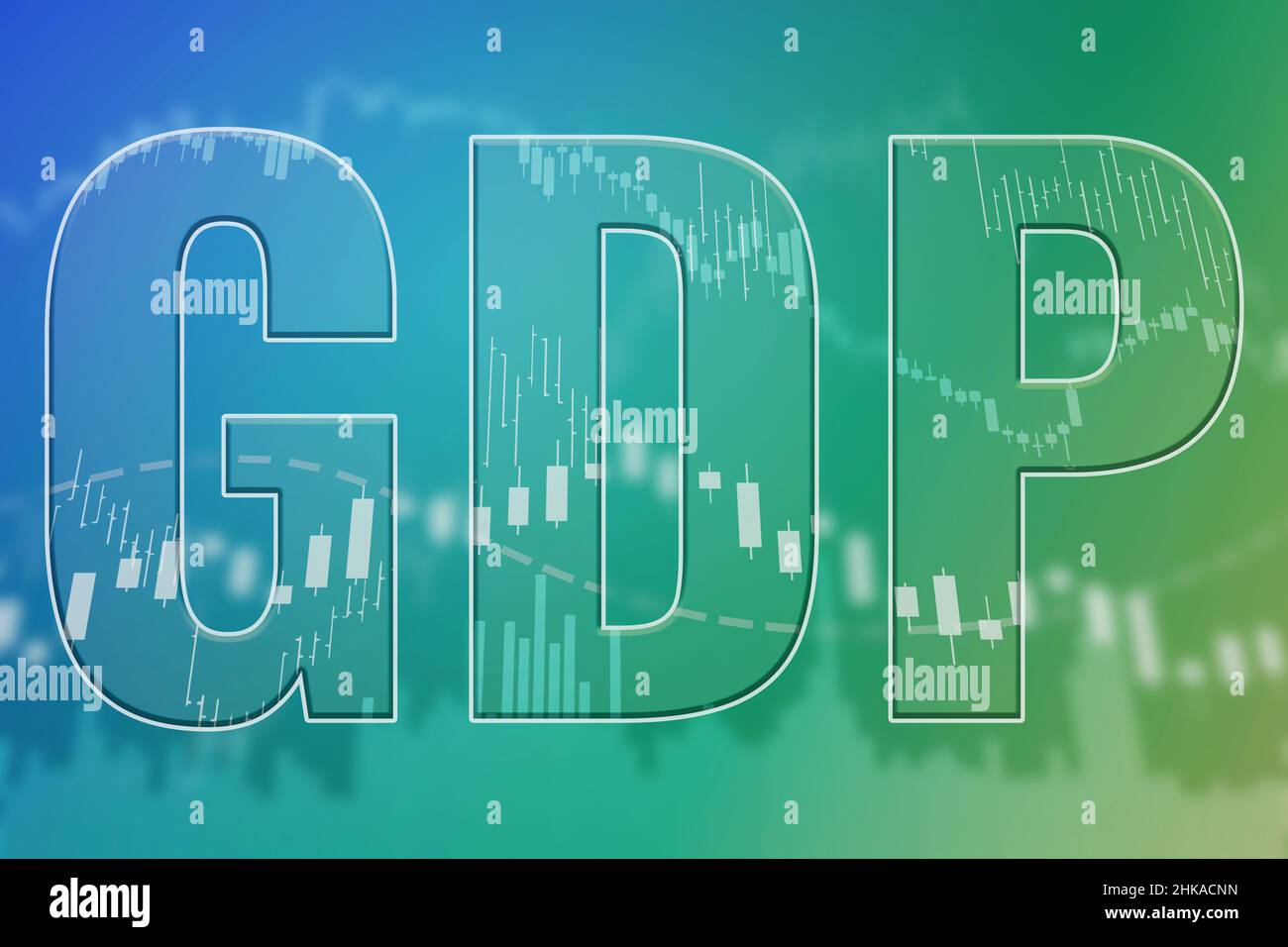 Word GDP (Gross domestic product) on blue and green soft focus finance ...