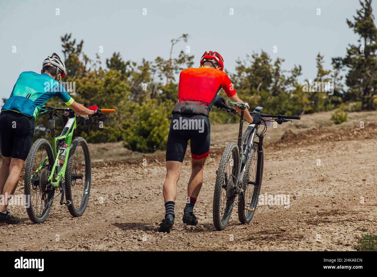 two male go uphill trail with their mountain bikes Stock Photo - Alamy