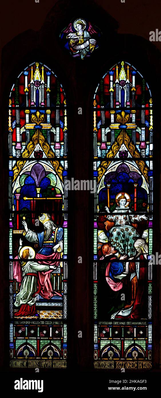 Stained glass window Pakenham church, Suffolk, England, UK c 1877 looks ...