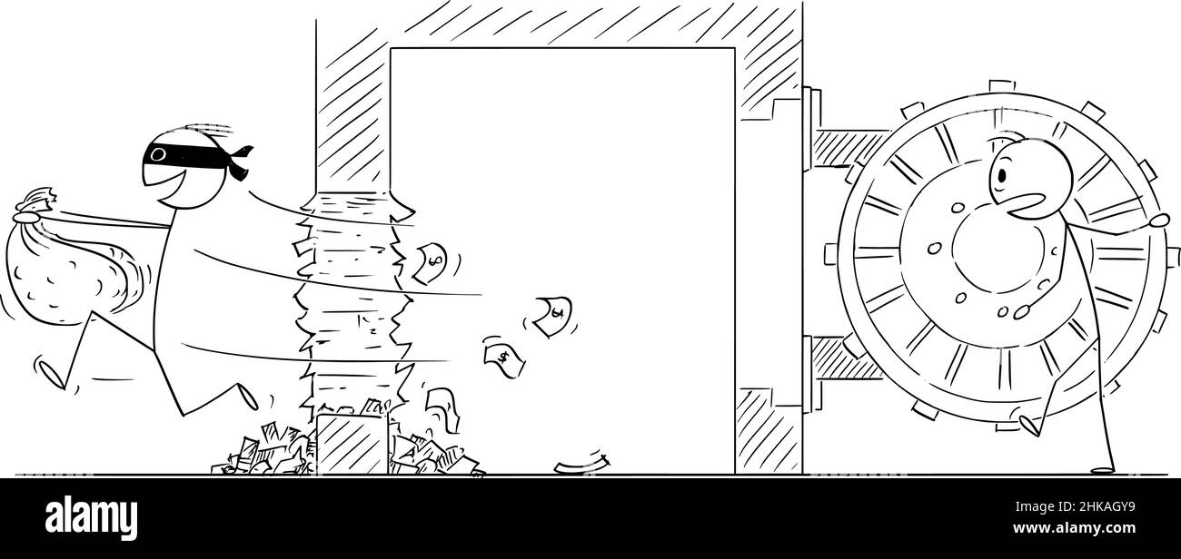 Robber Leaving Bank Safe With Bags of Money , Vector Cartoon Stick ...