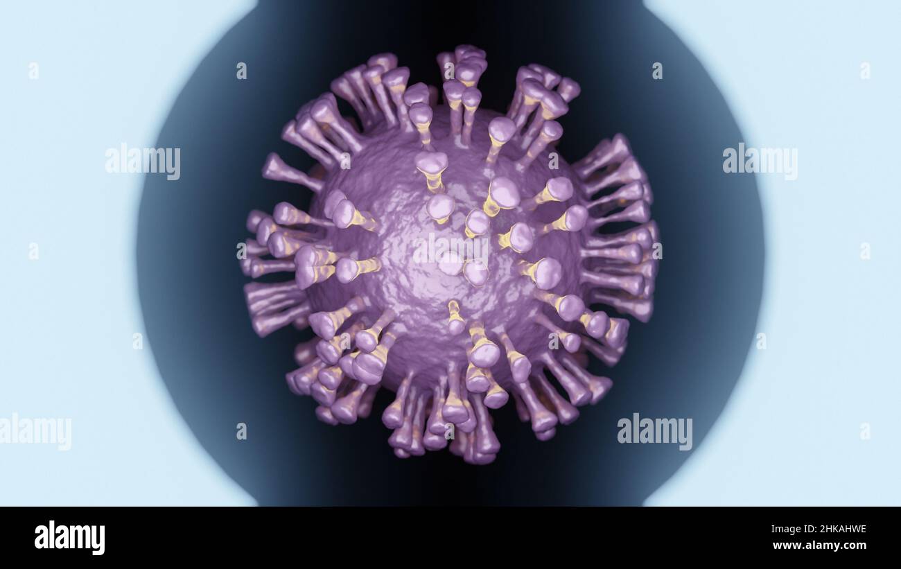 Illustration of the scientific examination of a purple virus cell under ...