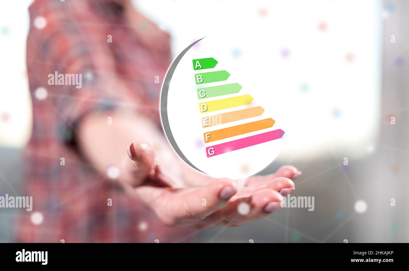 Energy efficiency concept above the hand of a woman in background Stock ...