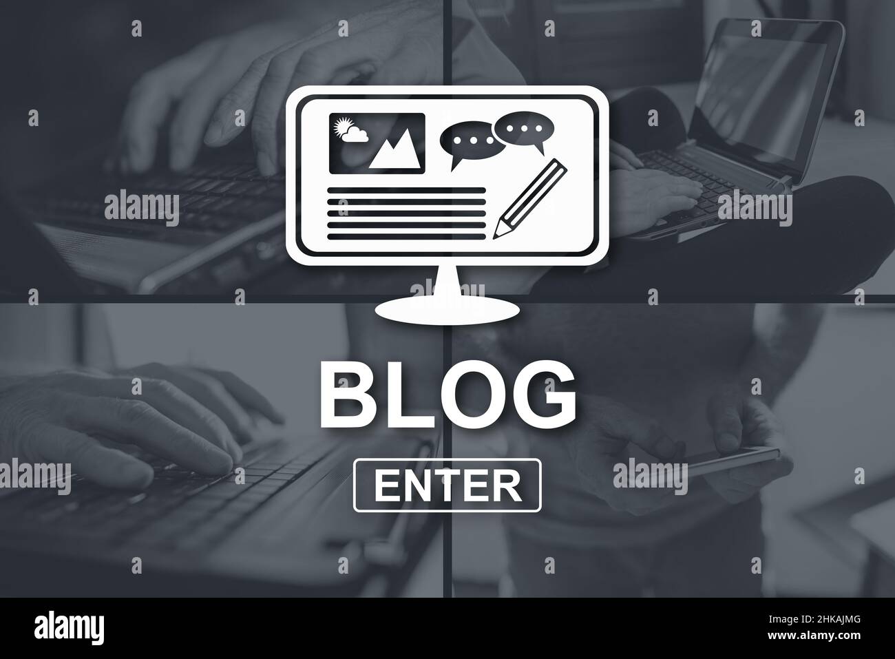 Blog concept illustrated by pictures on background Stock Photo - Alamy
