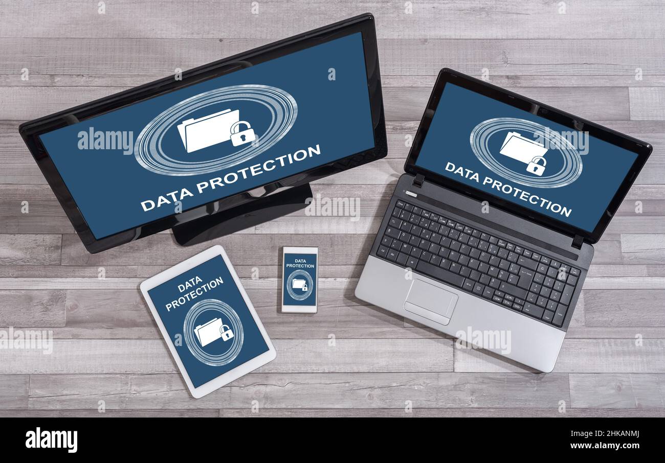 Data protection concept shown on different information technology ...