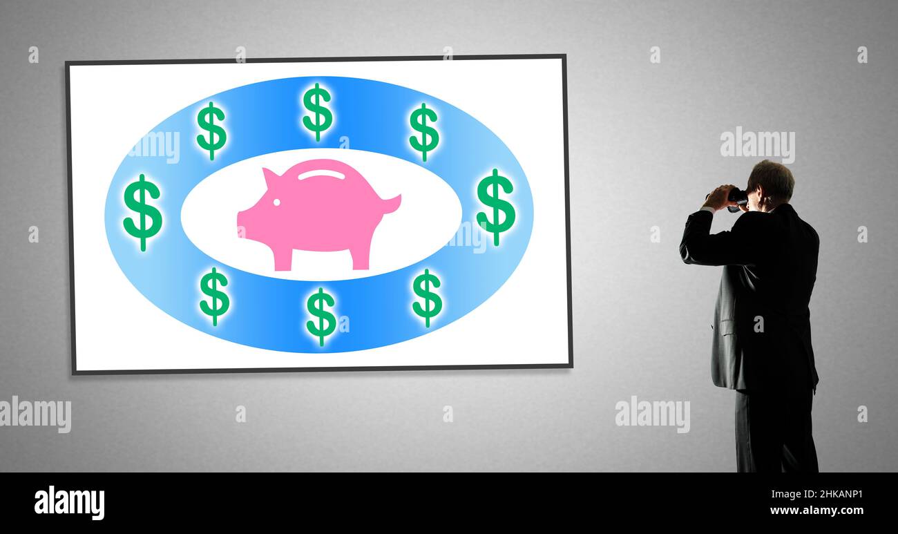 Man looking at saving money concept through binoculars Stock Photo - Alamy