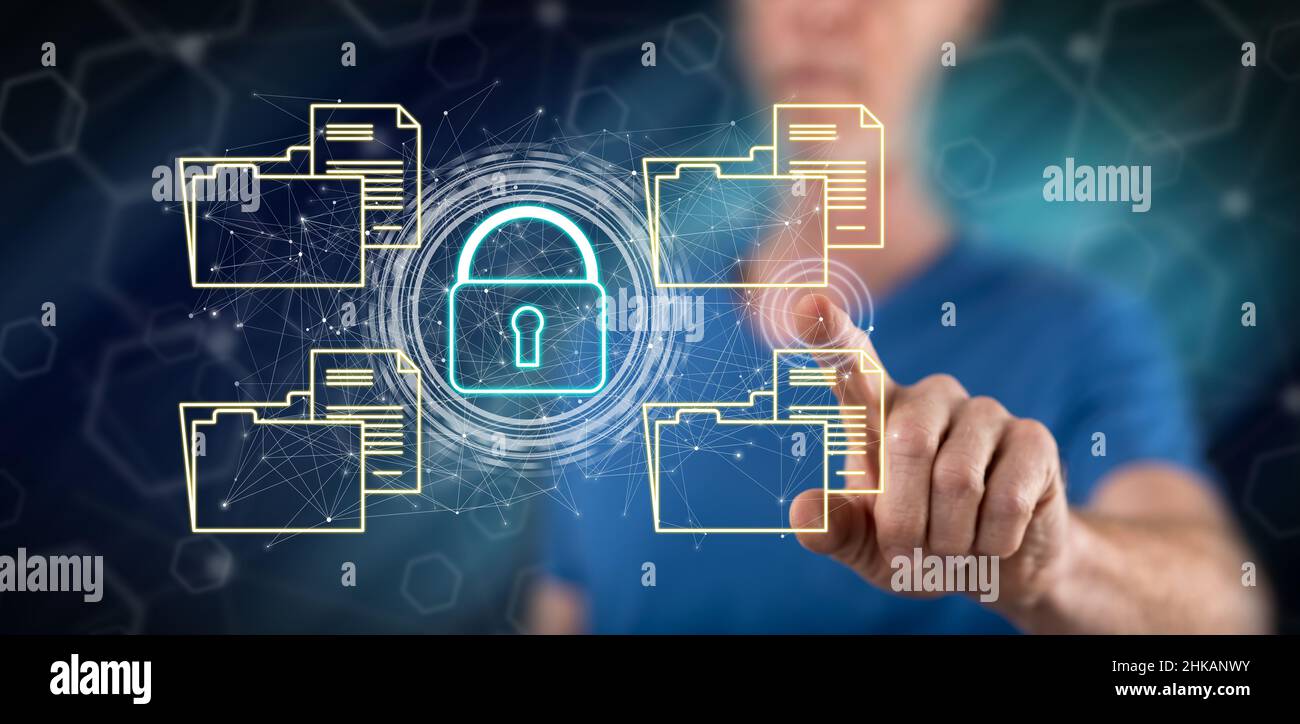 Man touching a data security concept on a touch screen with his finger ...