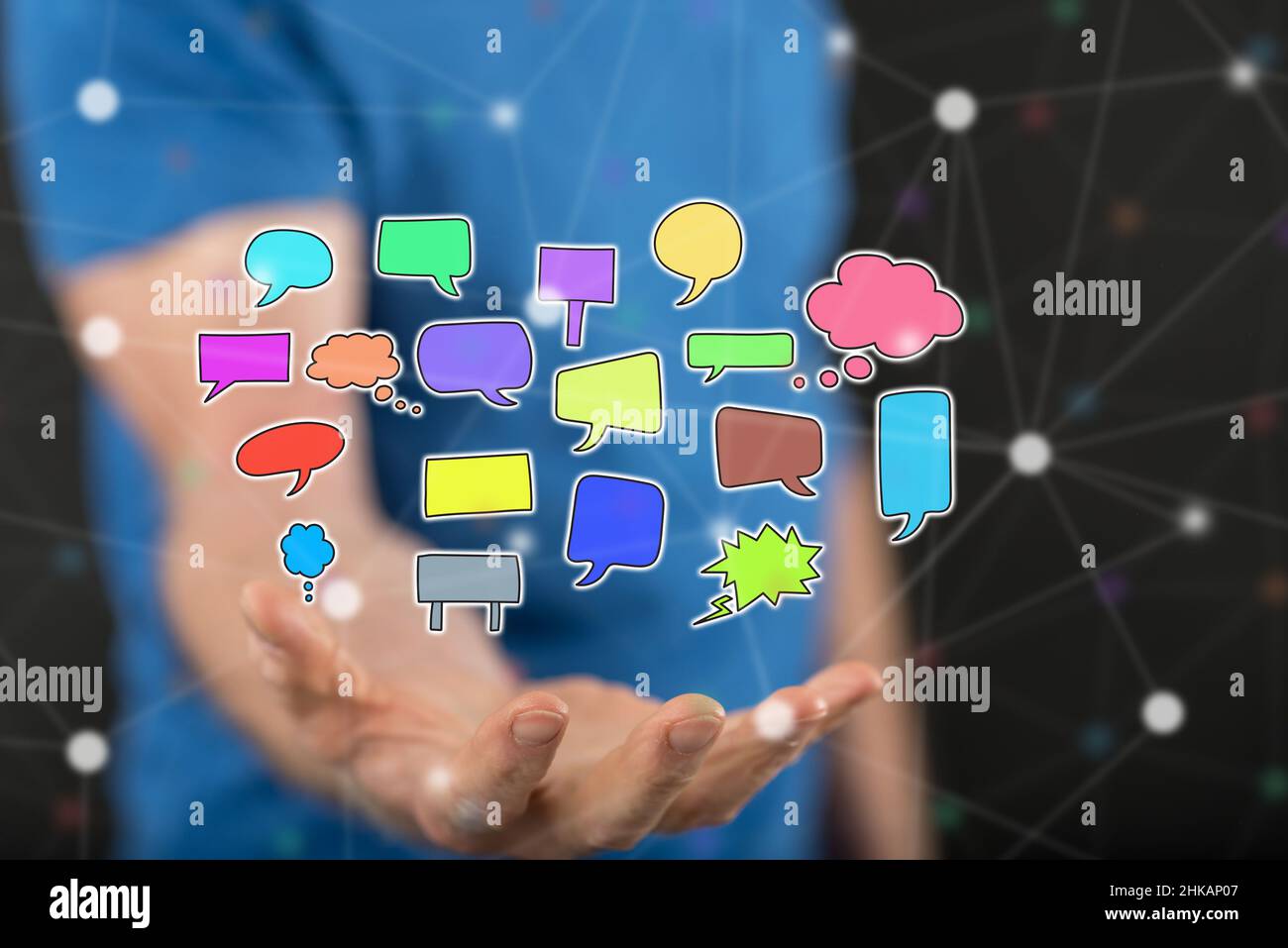 Communication concept above the hand of a man in background Stock Photo ...