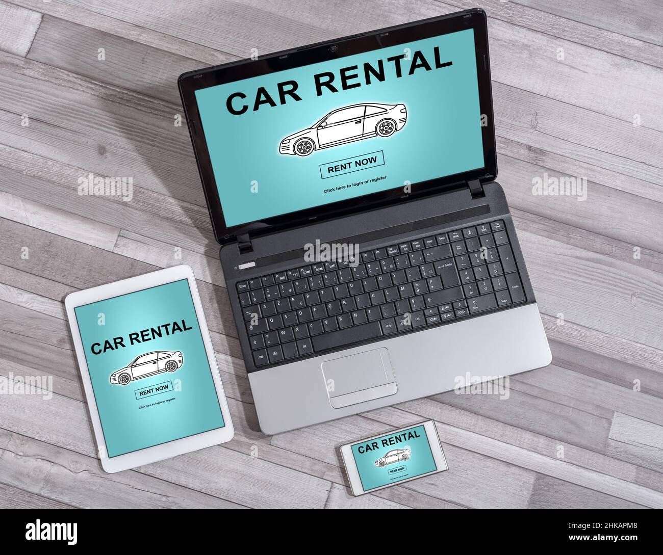 Car rental concept shown on different information technology devices ...
