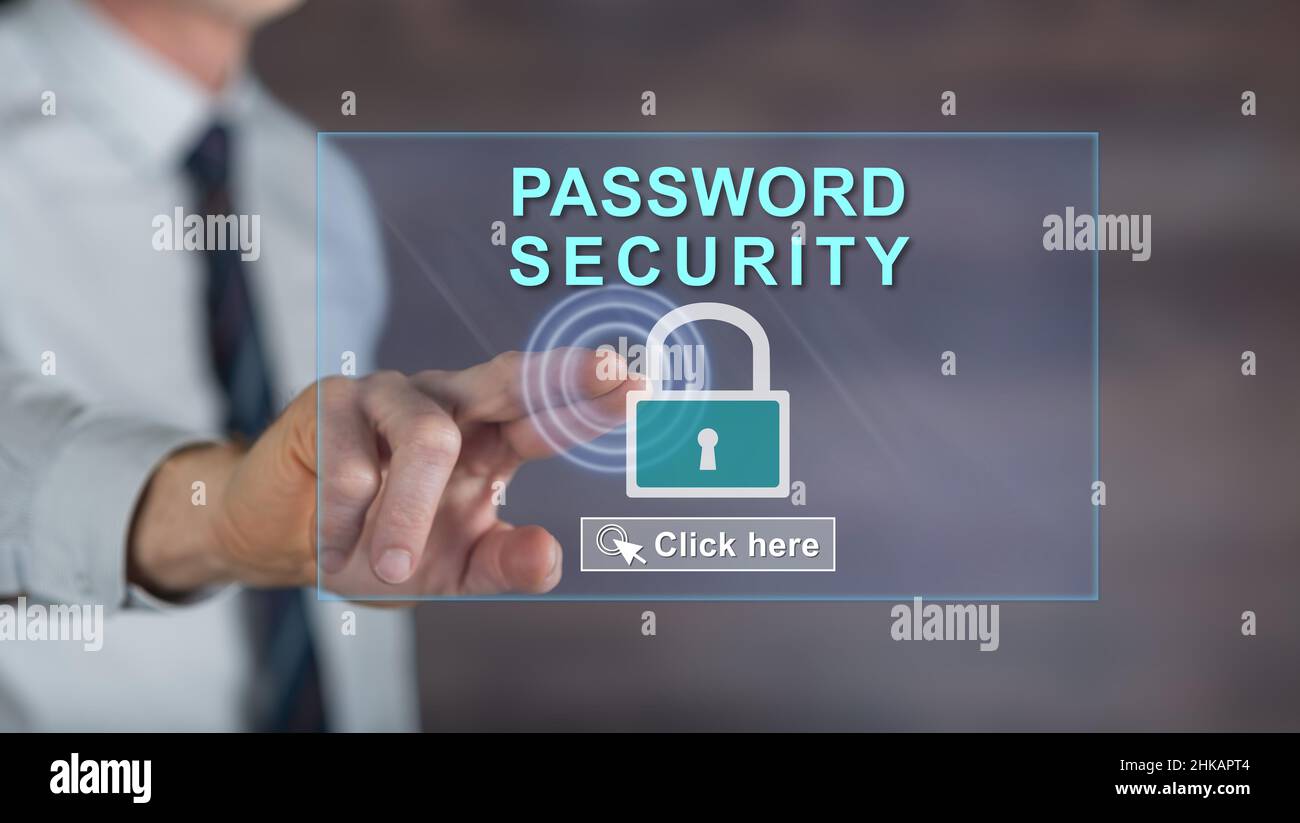 Man touching a password security concept on a touch screen with his ...