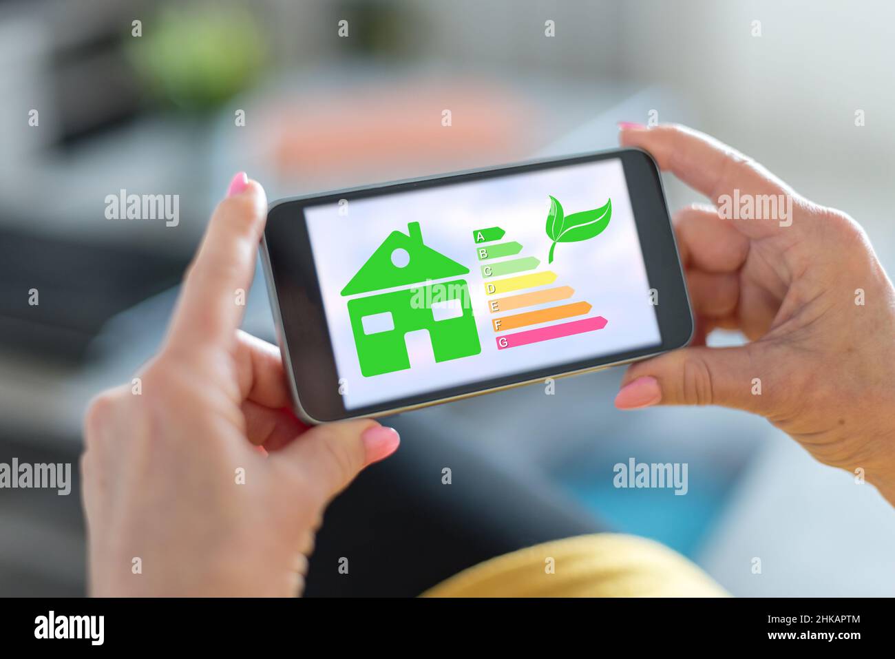Smartphone screen displaying a home energy efficiency concept Stock ...