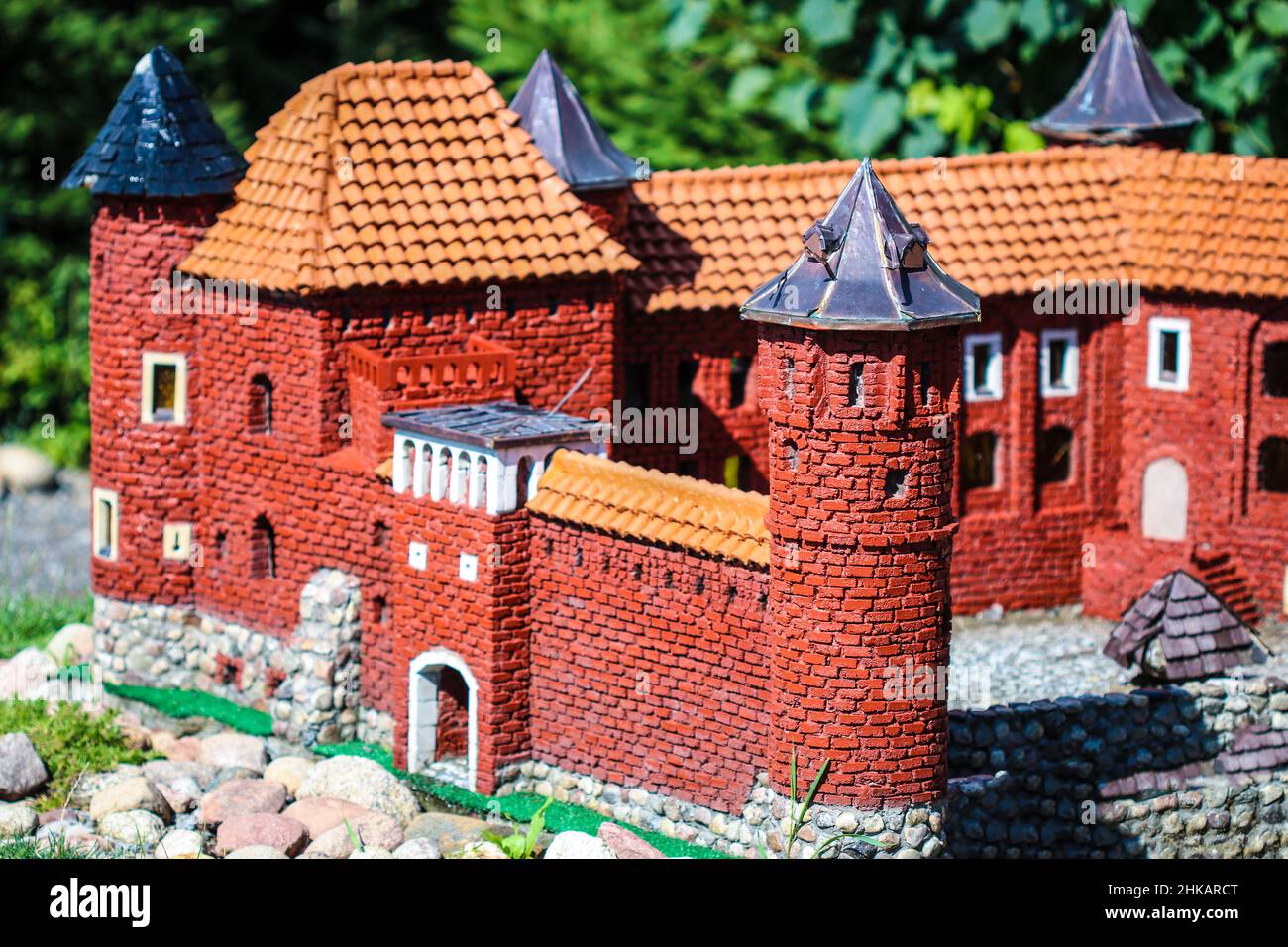 Close-up on miniature red brick gothic,castle Stock Photo - Alamy