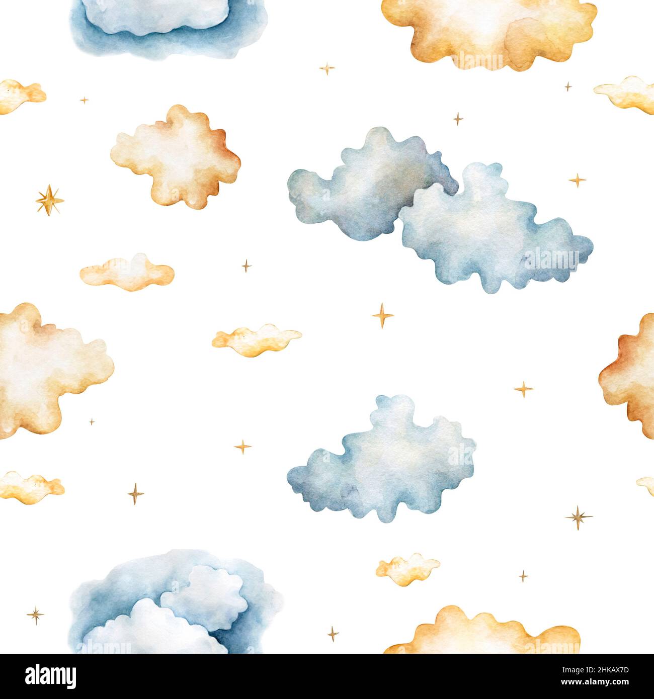 watercolor clouds with stars in pastel colors, seamless pattern on a ...