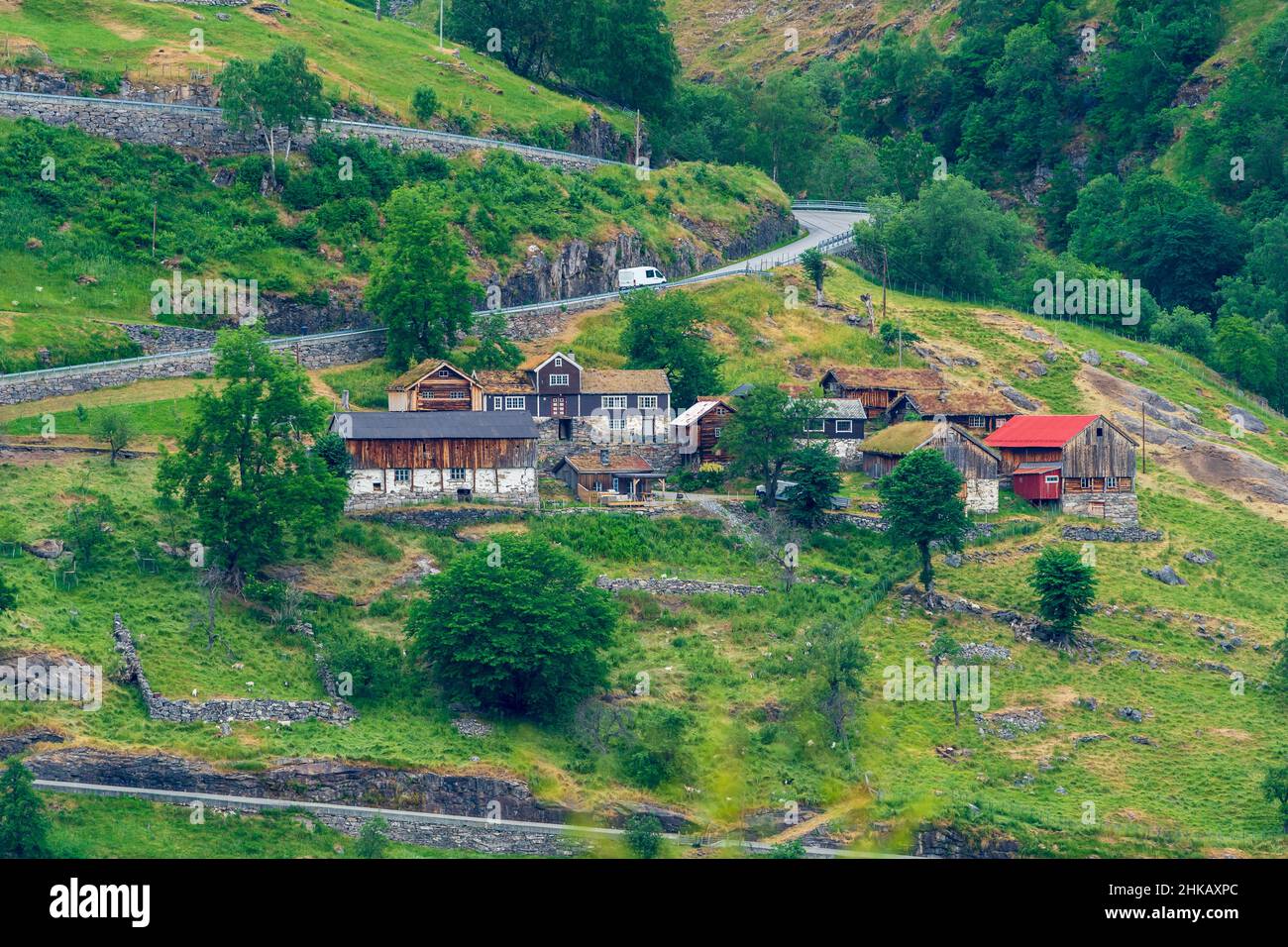 GEIRANGER, NORWAY - 2020 JUNE 21. Old historical farm at the Eagle road ...
