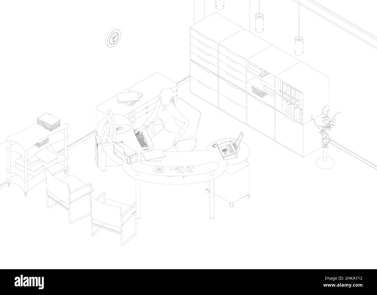 Office contour with a girl sitting on a chair and working at a computer ...