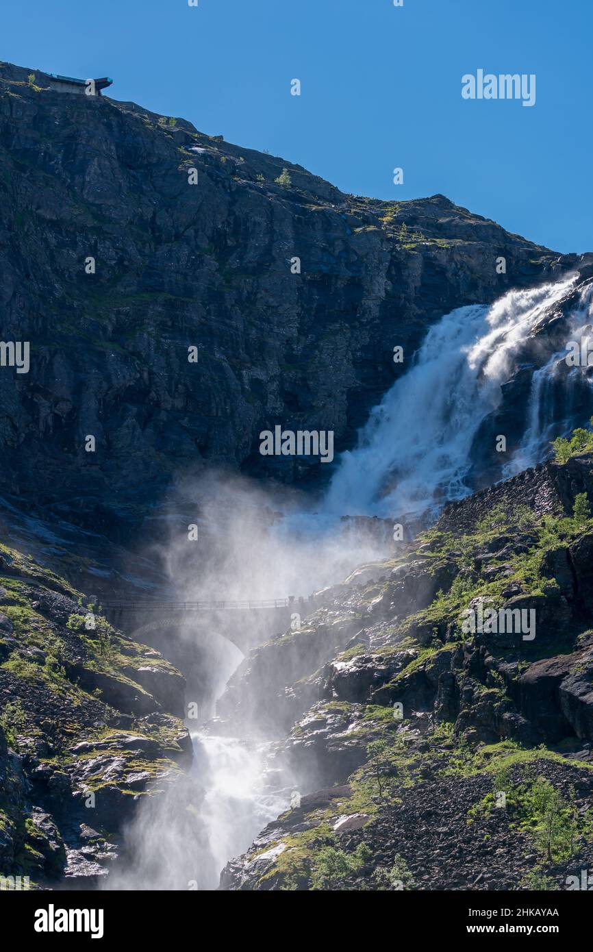 TROLLSTIGEN, NORWAY - 2020 JUNE 24. Big waterfall you have to pass when ...