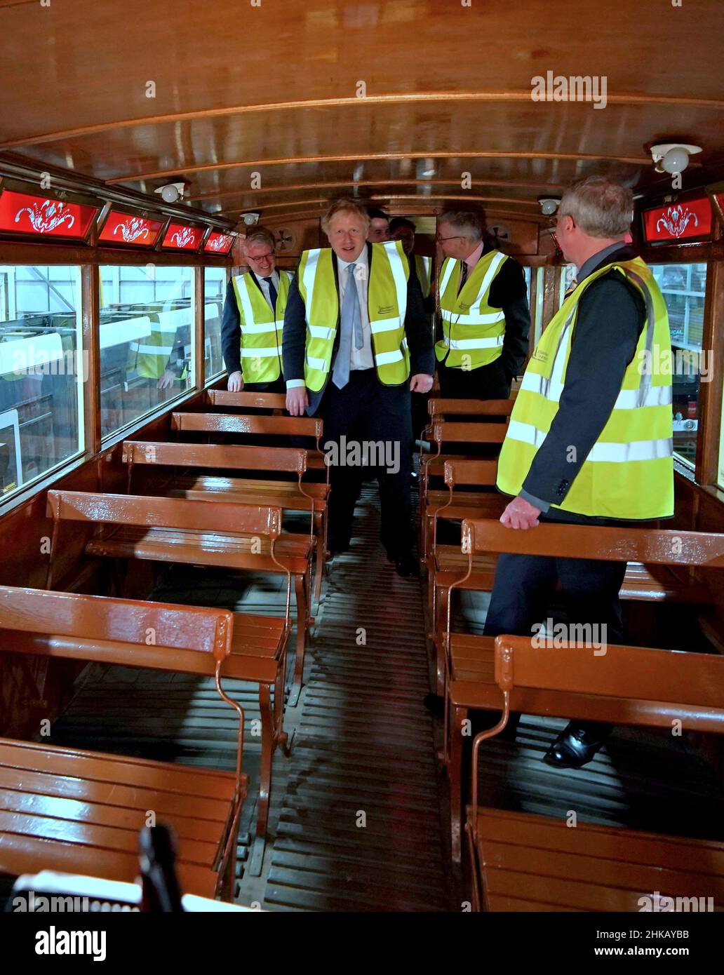 Prime Minister Boris Johnson (centre) viewing a vintage tram tram ...