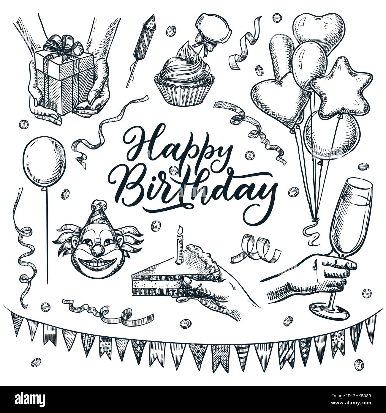 Birthday celebration holiday party decor. Vector hand drawn sketch ...
