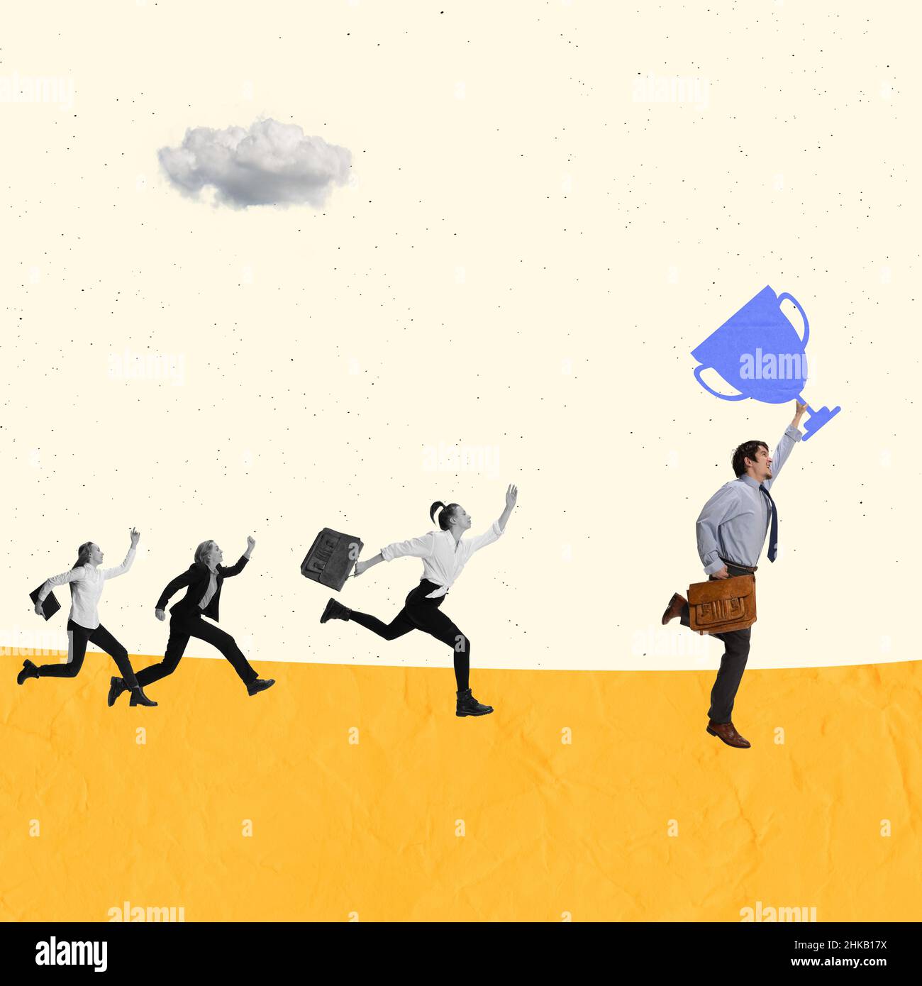 Contemporary art collage. Employees running after successful leader ...