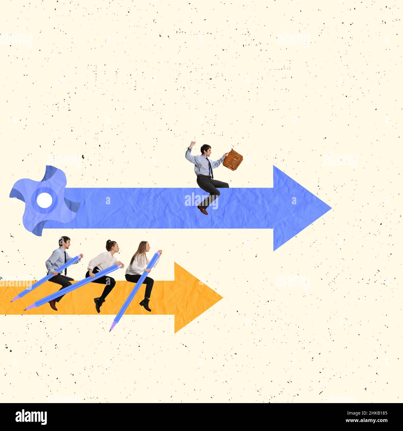 Contemporary art collage. Three employees rowing and one flying on ...