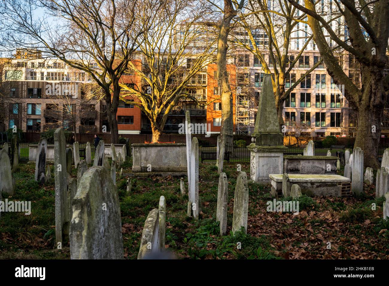 Bunhill Fields burial ground and surrounding modern office and ...