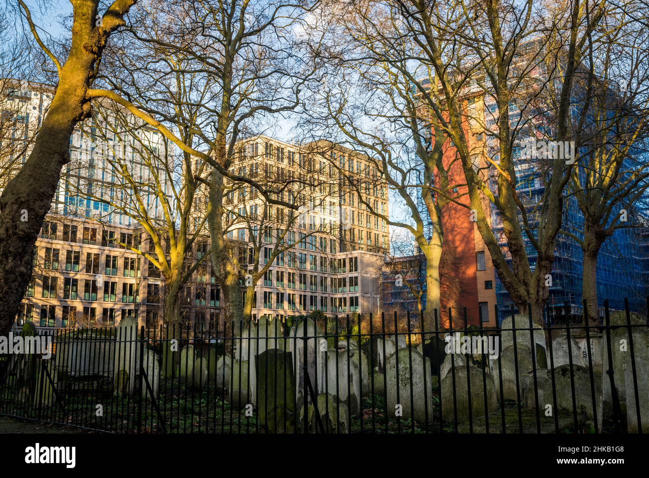 Bunhill Fields burial ground and surrounding modern office and ...