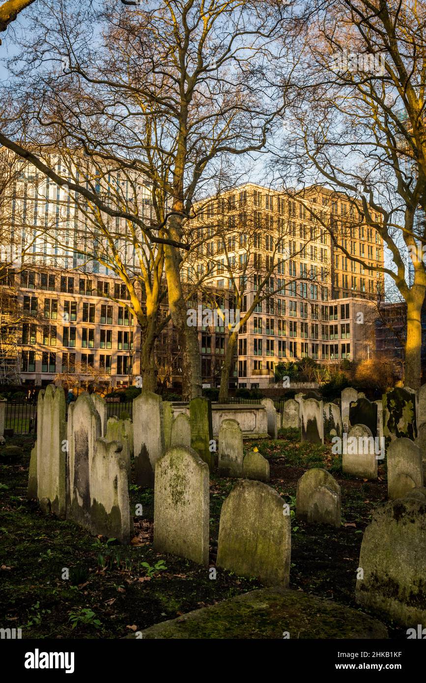 Bunhill Fields burial ground and surrounding modern office and ...