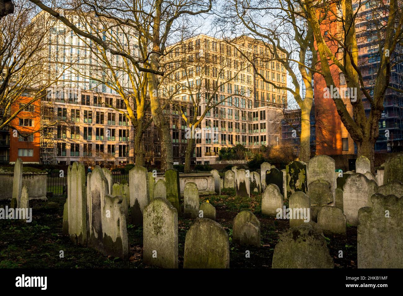 Bunhill Fields burial ground and surrounding modern office and ...