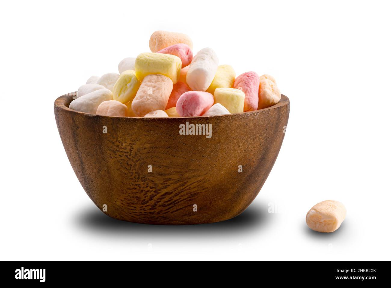 Pile of colorful delicious marshmallow in a wooden cup on white ...